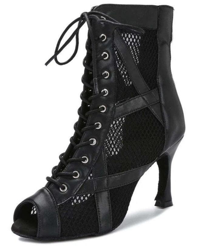 Sexy Women's Black Leather Mesh Dance High Heels Ankle Booties ...