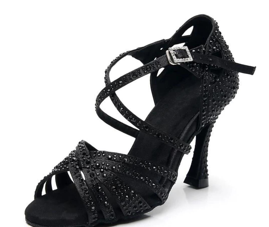 Black Rhinestone Salsa Ballroom Dance Heels | TTdancewear