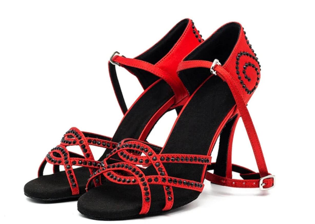 Red Satin Rhinestone Ballroom Dance Shoes Latin Salsa Bachata Dancing ...