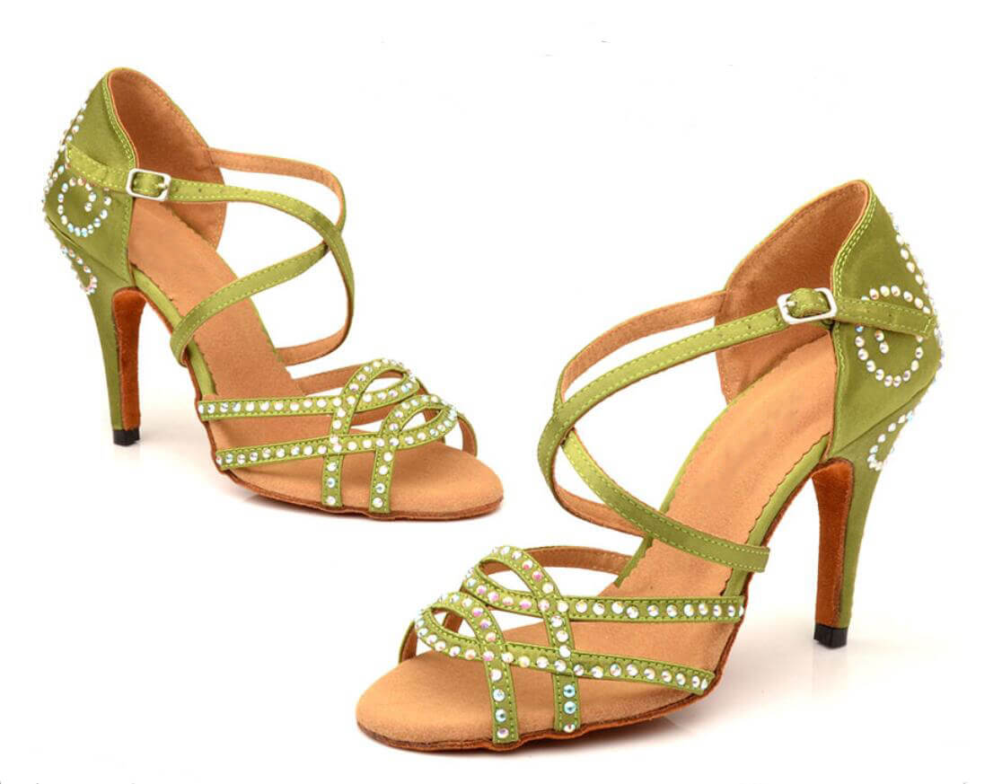 Green Satin Rhinestone Ballroom Dance Shoes Latin Salsa Dance Shoes ...