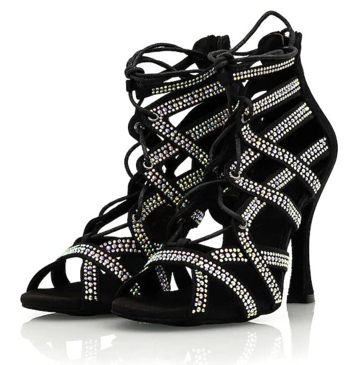 Black Satin Rhinestone Ballroom Dance Boots Latin Salsa Dancing Bootie ...