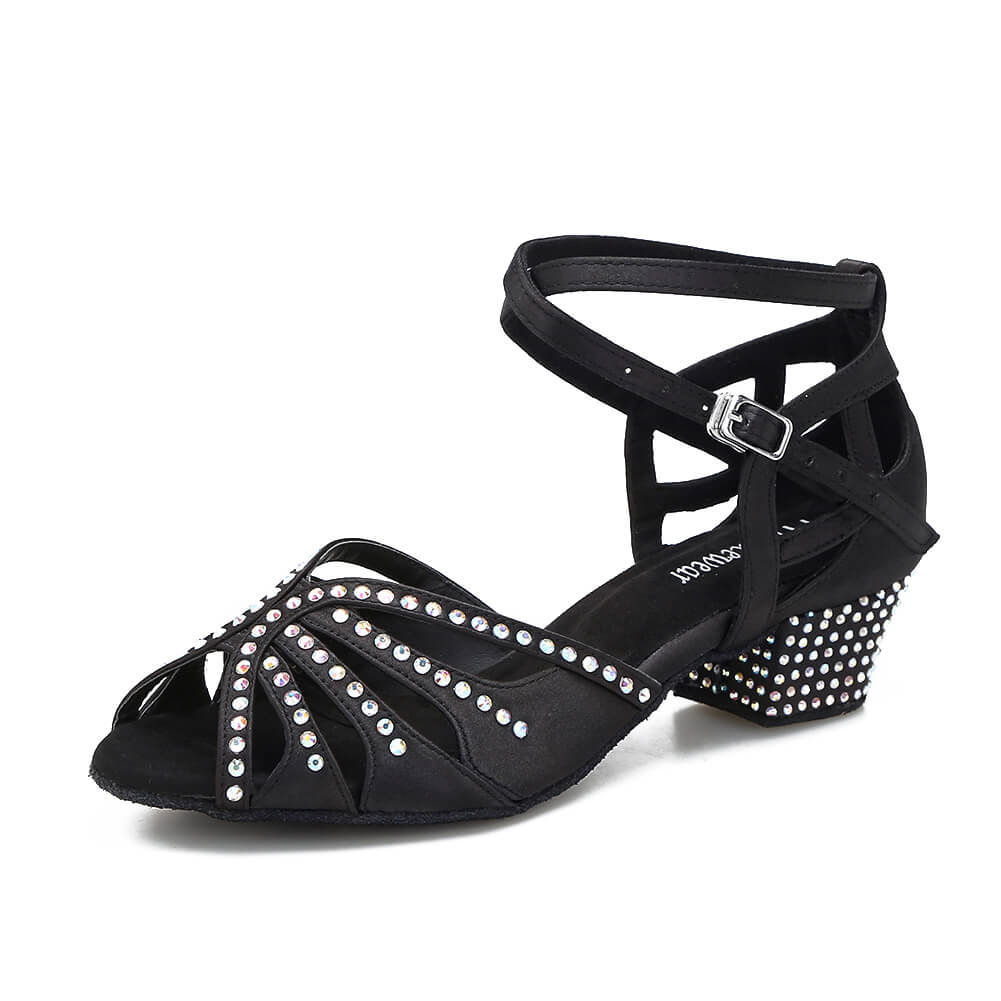 Black Rhinestone Ballroom Cuban Heel Dance Shoes Latin Salsa Dancing S ...