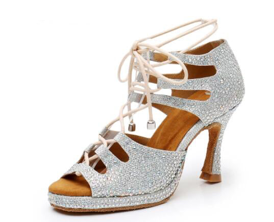 Silver Glitter Rhinestone Lace Up Samba Platform Dance High Heels ...
